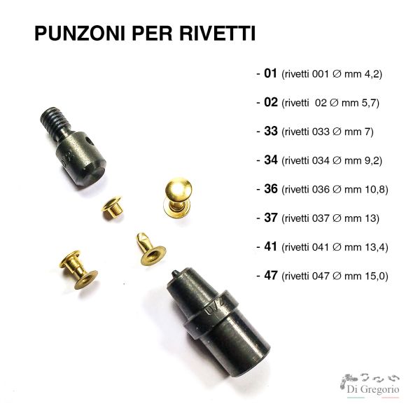 Punzone per rivetti ribattini m.01-02-33-34-36-37-47 testa+base matrice ...